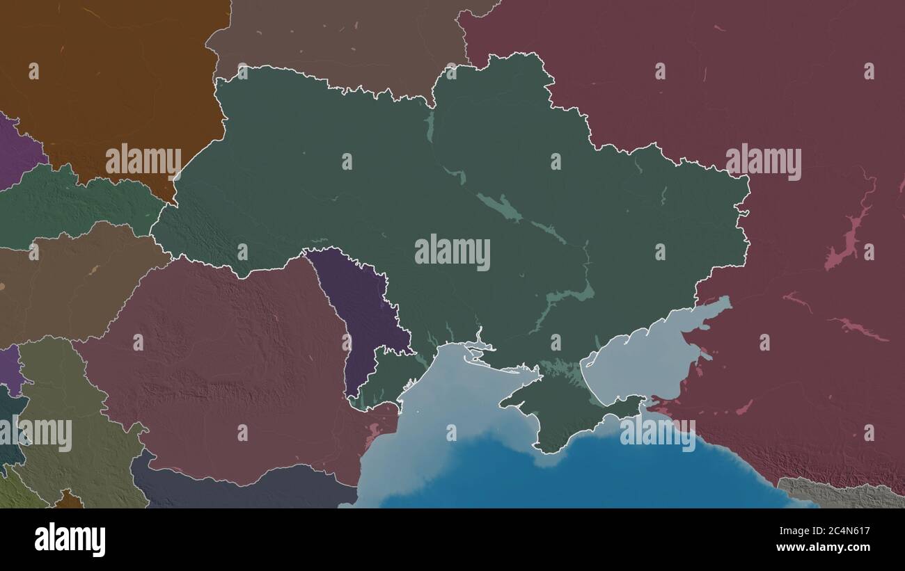 Outlined shape of the Ukraine area. Colored and bumped map of the ...