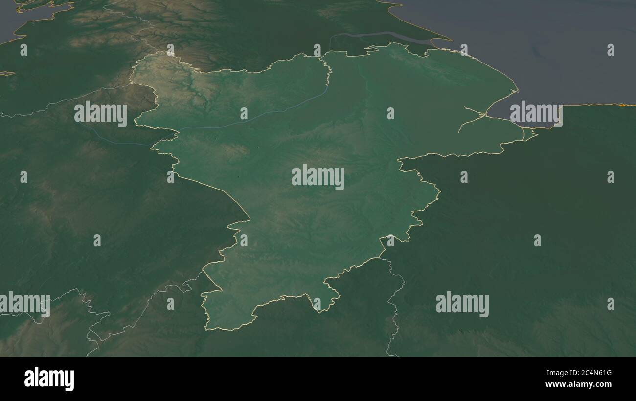 Zoom in on East Midlands (region of United Kingdom) outlined. Oblique ...