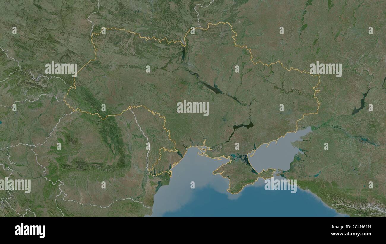Outlined shape of the Ukraine area. Satellite imagery. 3D rendering ...
