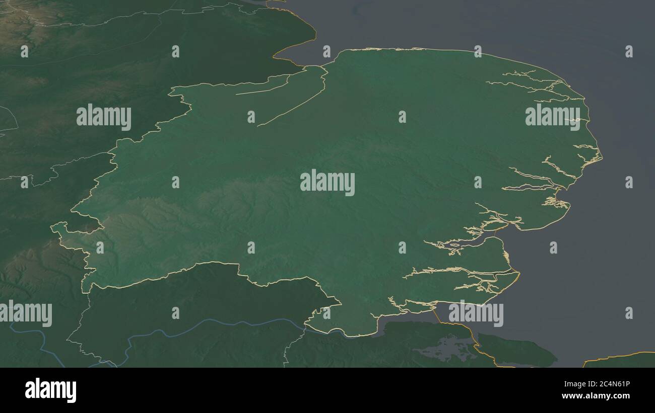 Zoom in on East of England (region of United Kingdom) outlined. Oblique ...