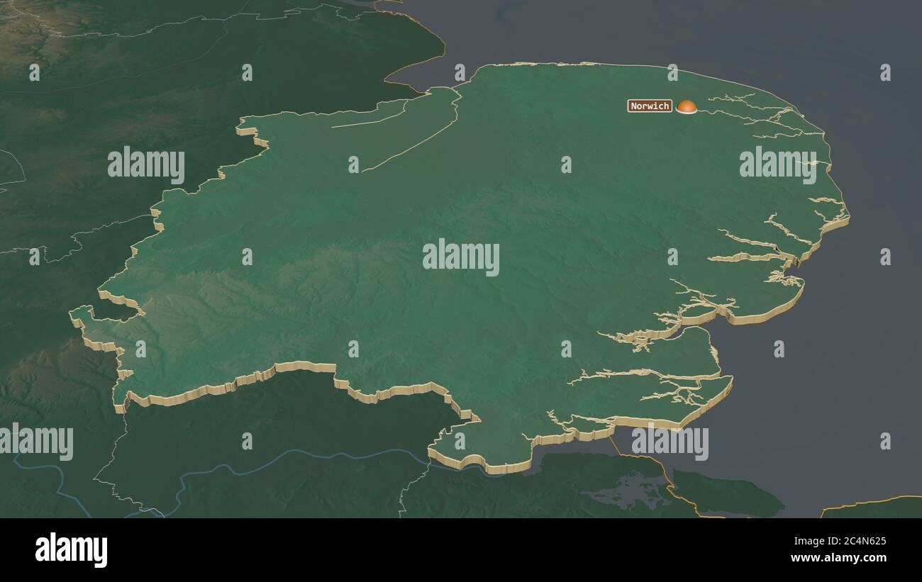 Zoom in on East of England (region of United Kingdom) extruded. Oblique ...