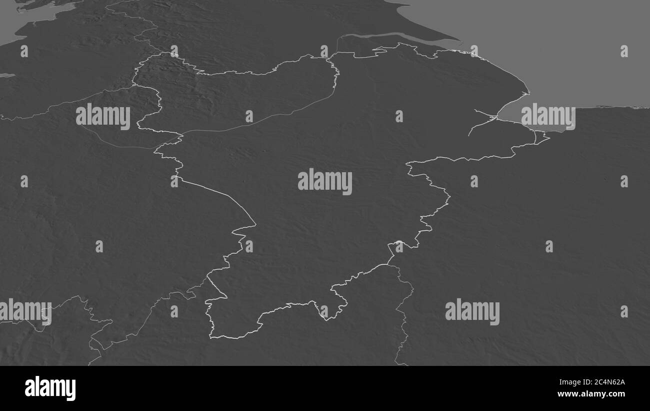 Zoom in on East Midlands (region of United Kingdom) outlined. Oblique ...