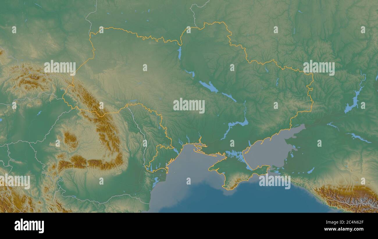 Outlined shape of the Ukraine area. Topographic relief map with surface ...