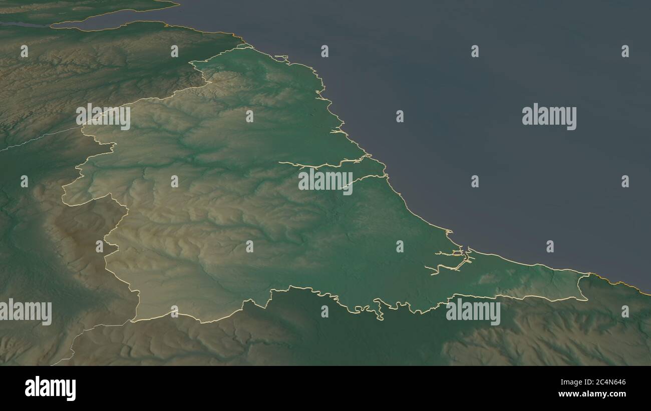 Zoom in on North East (region of United Kingdom) outlined. Oblique ...