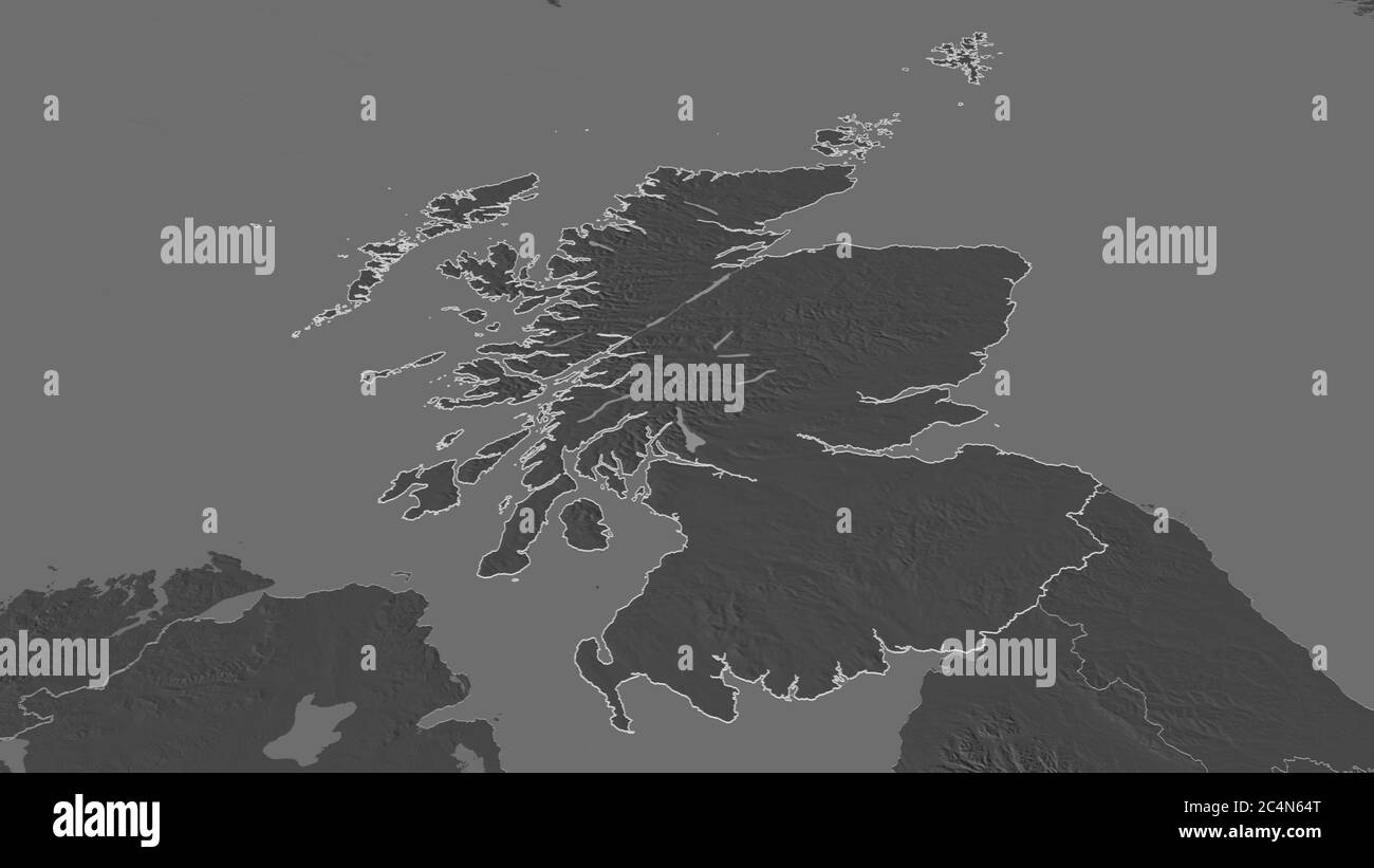 Zoom in on Scotland (region of United Kingdom) outlined. Oblique ...