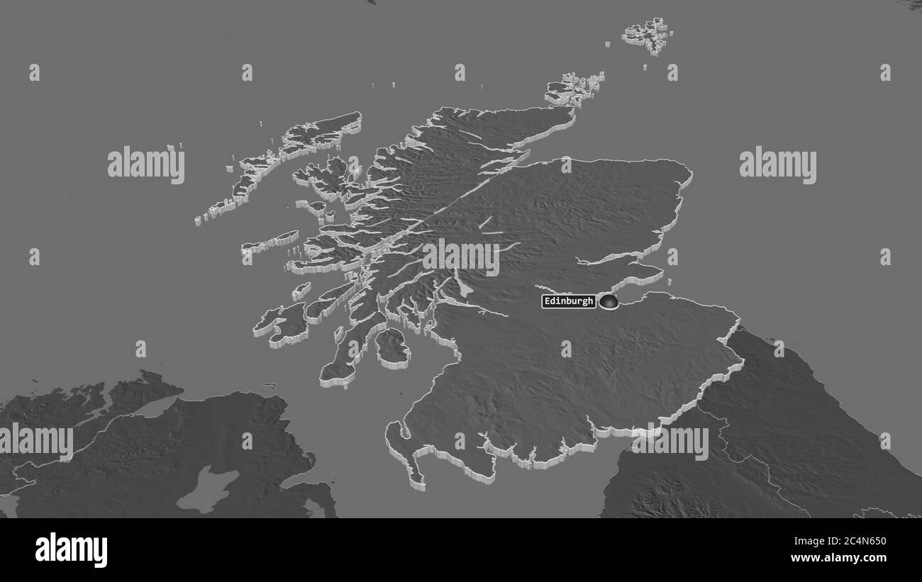 Zoom in on Scotland (region of United Kingdom) extruded. Oblique ...