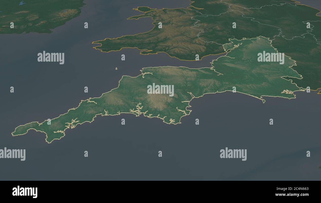 Zoom in on South West (region of United Kingdom) outlined. Oblique ...