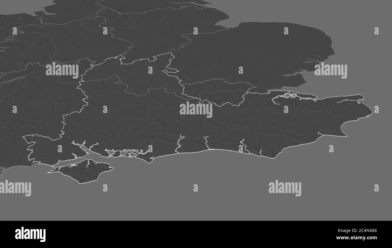 Zoom in on South East (region of United Kingdom) outlined. Oblique ...