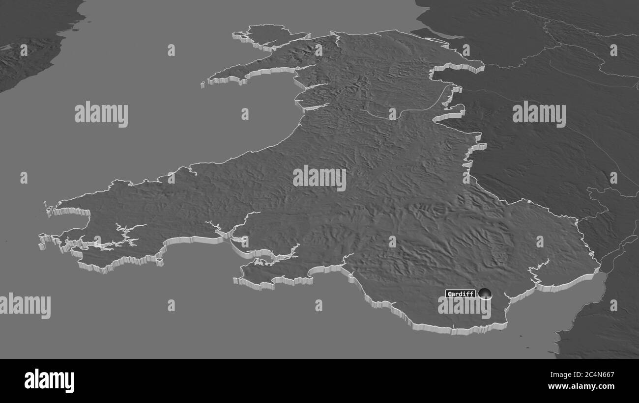 Zoom in on Wales (region of United Kingdom) extruded. Oblique ...