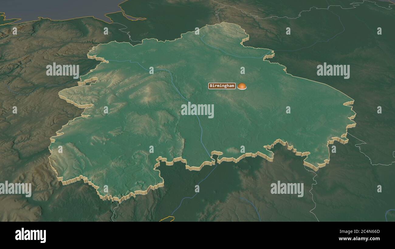 Zoom in on West Midlands (region of United Kingdom) extruded. Oblique ...