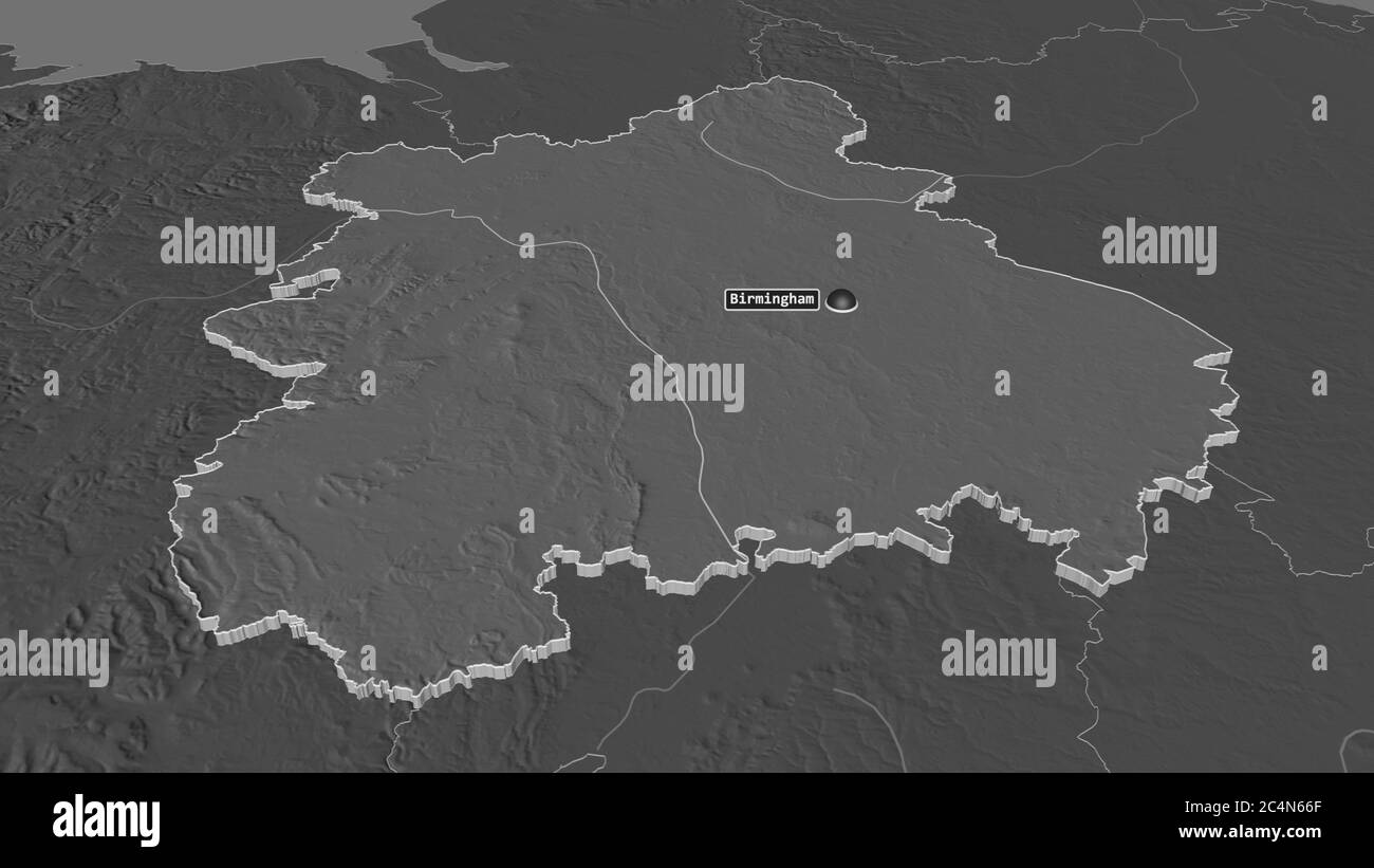 Zoom in on West Midlands (region of United Kingdom) extruded. Oblique ...