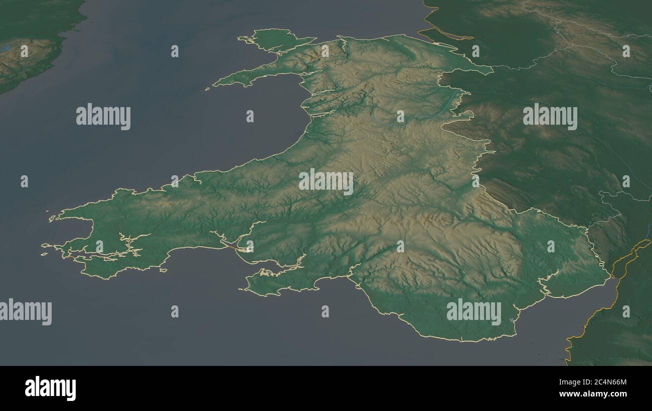 Zoom in on Wales (region of United Kingdom) outlined. Oblique ...