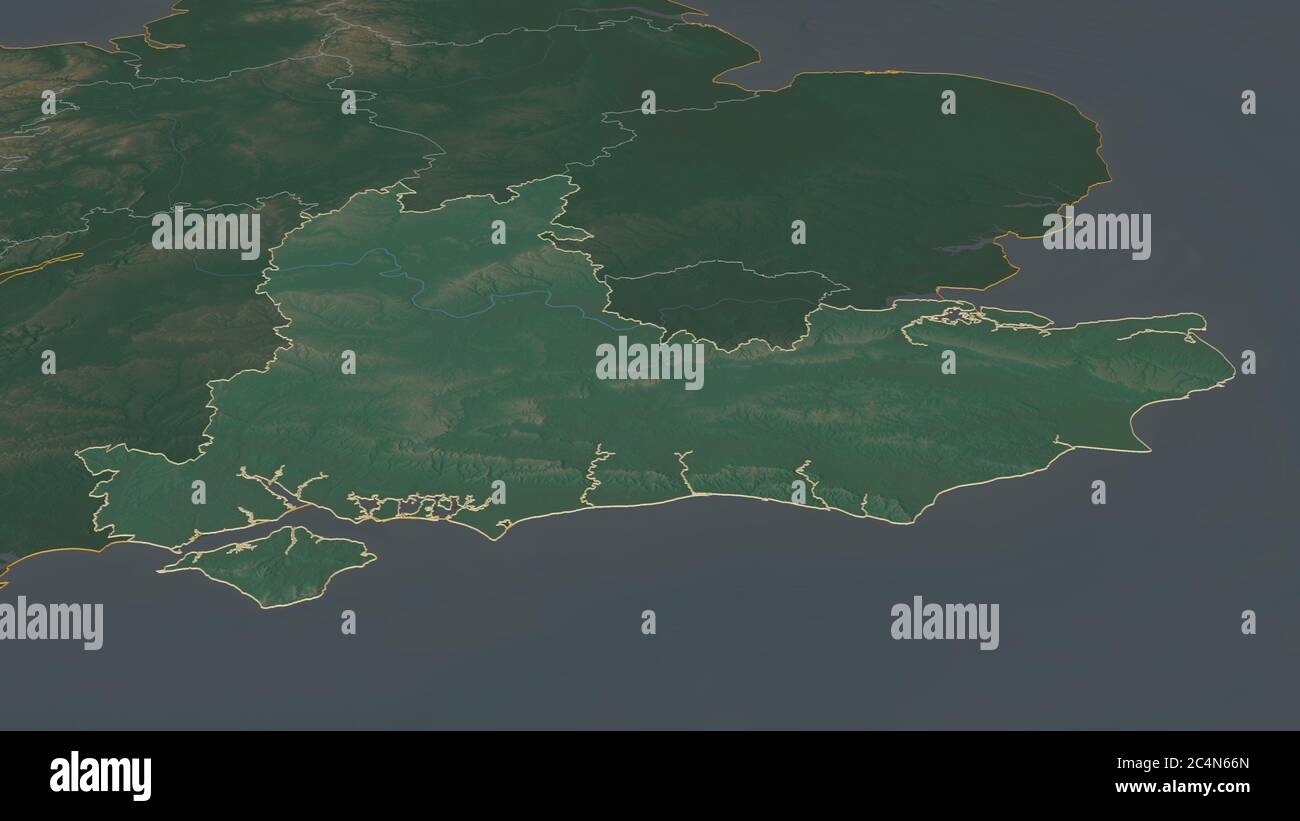 Zoom in on South East (region of United Kingdom) outlined. Oblique ...