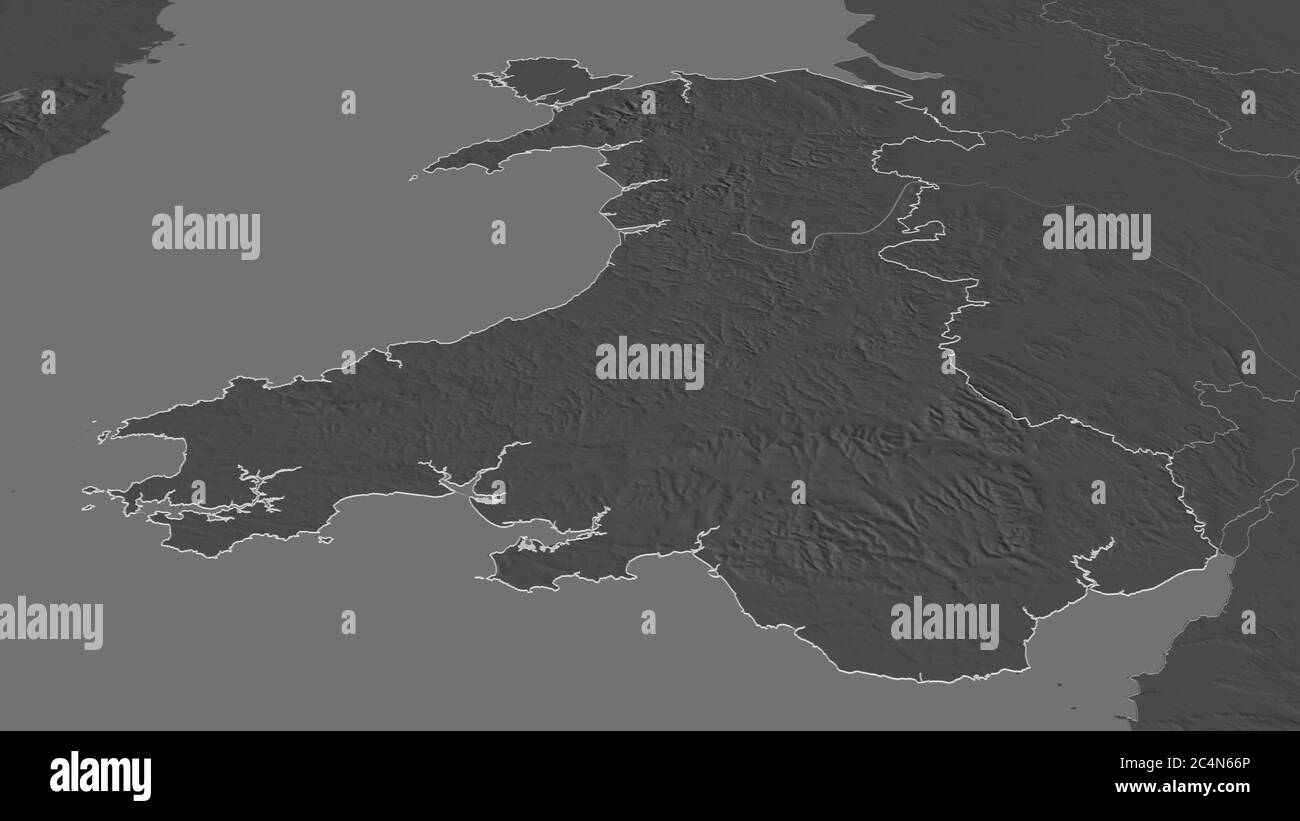 Zoom in on Wales (region of United Kingdom) outlined. Oblique ...