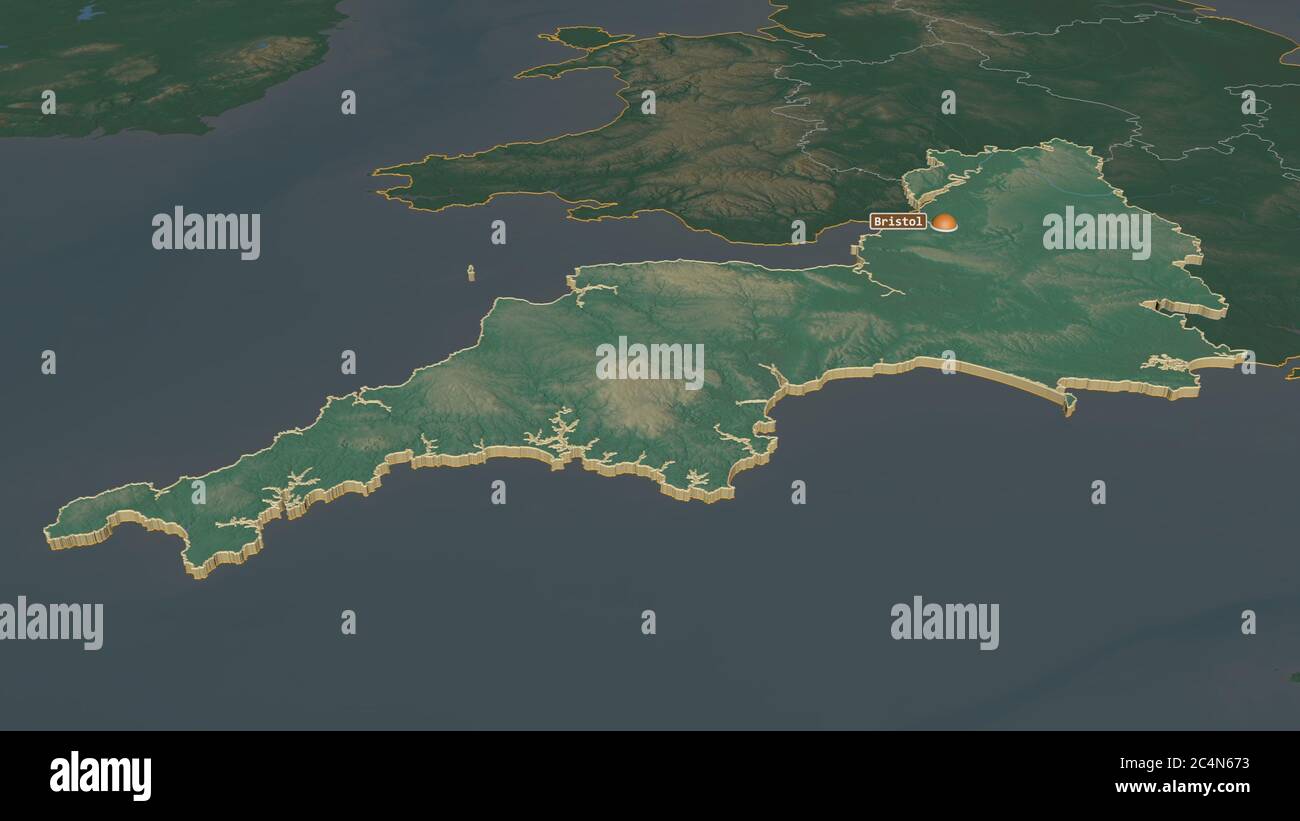 Zoom in on South West (region of United Kingdom) extruded. Oblique ...