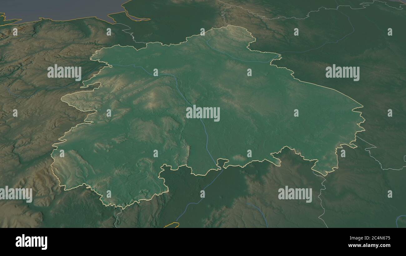 Zoom in on West Midlands (region of United Kingdom) outlined. Oblique ...