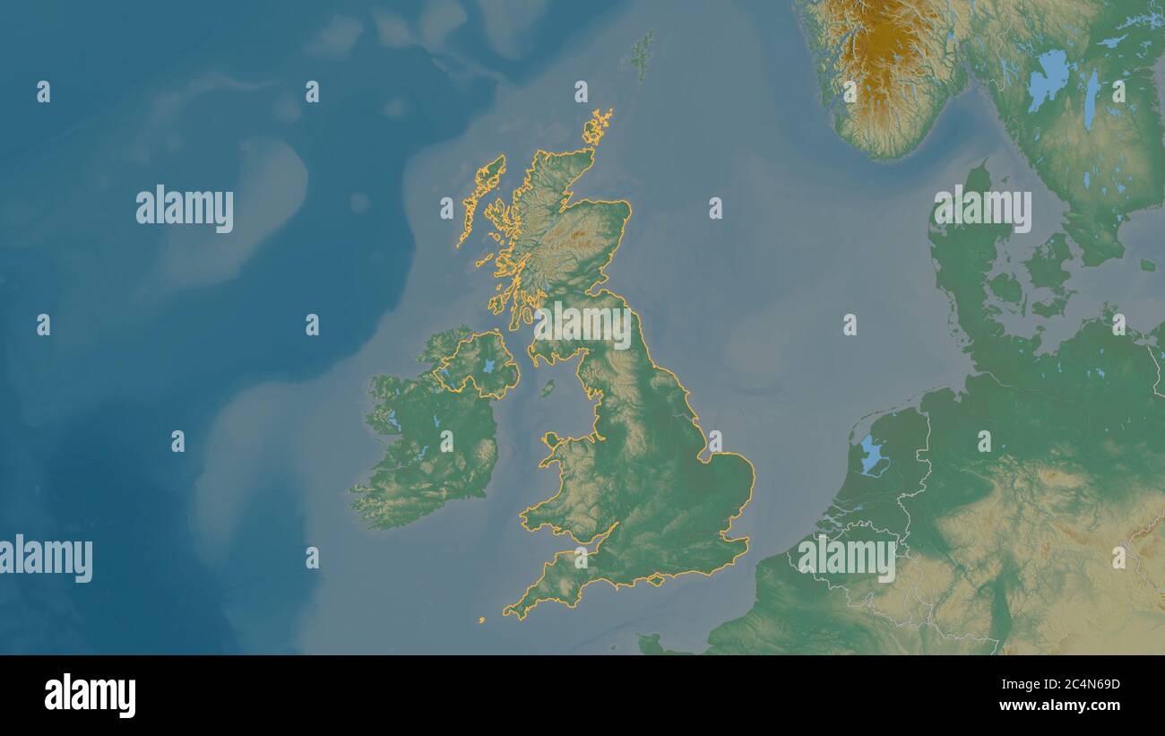 Outlined shape of the United Kingdom area. Topographic relief map with ...