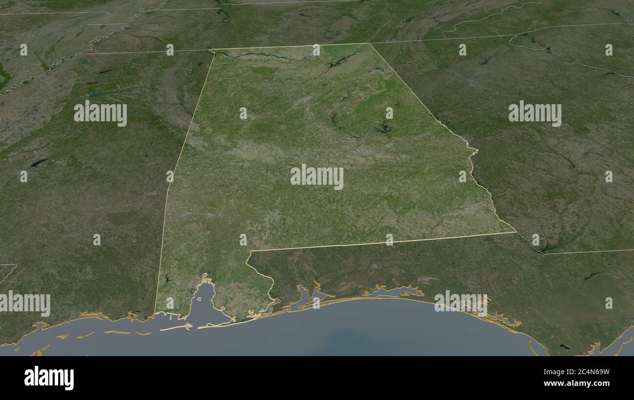 Zoom in on Alabama (state of United States) outlined. Oblique ...