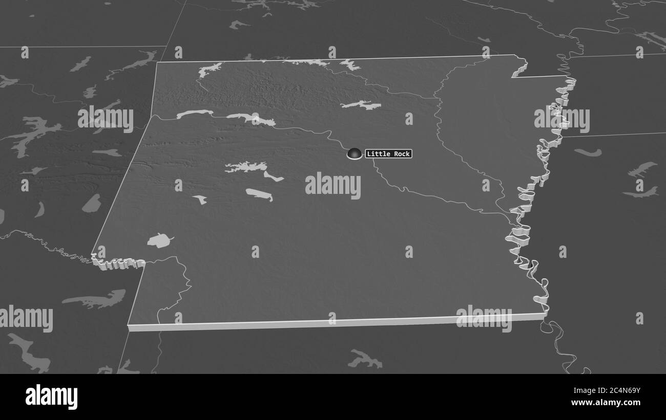 Zoom in on Arkansas (state of United States) extruded. Oblique ...