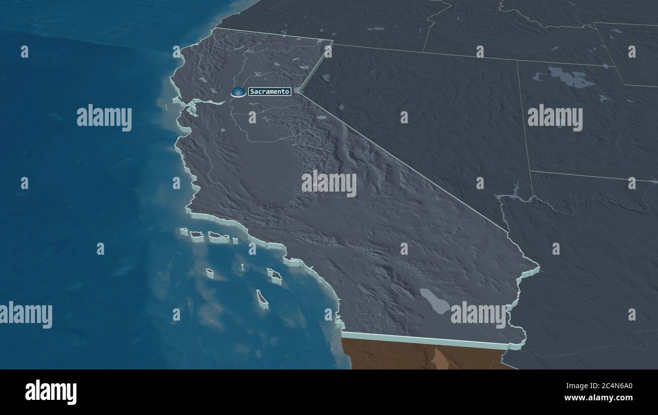 Zoom in on California (state of United States) extruded. Oblique ...