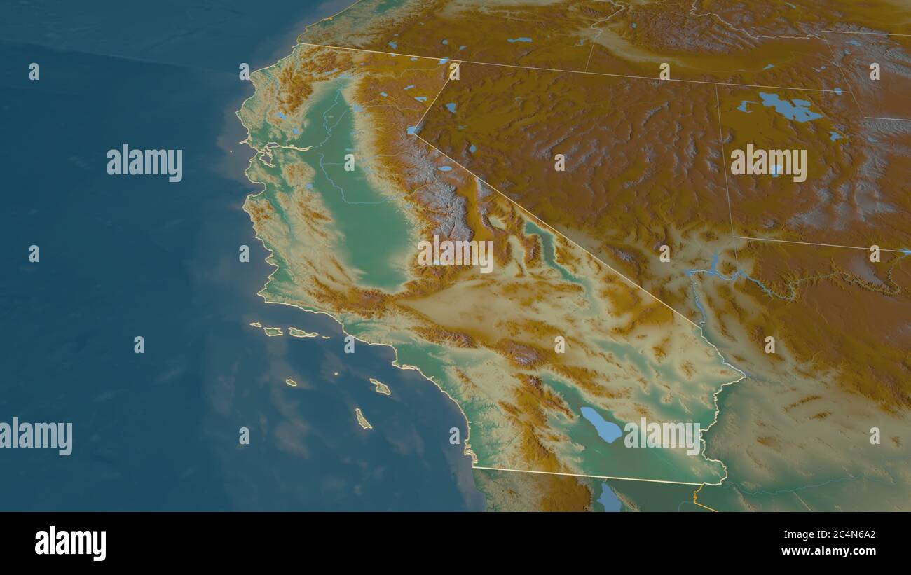 Zoom in on California (state of United States) outlined. Oblique ...