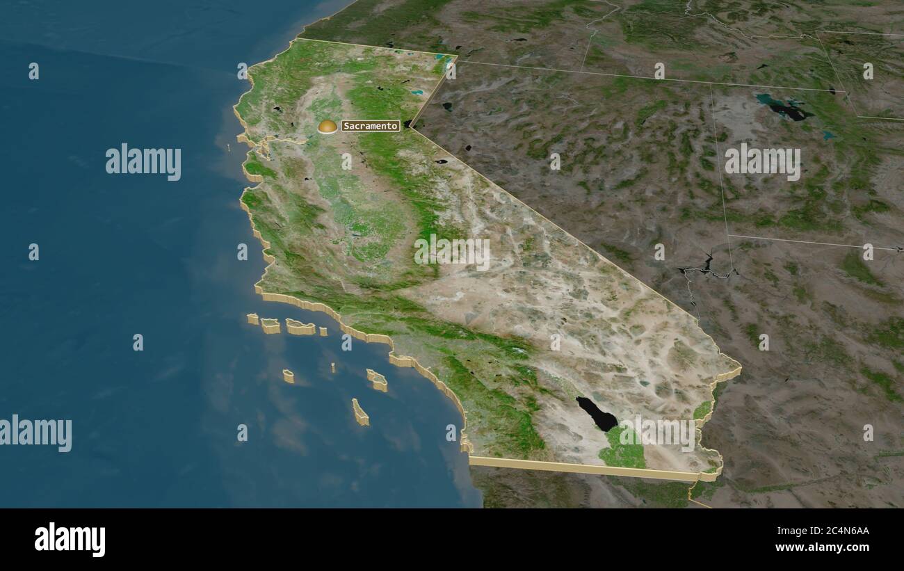 Zoom in on California (state of United States) extruded. Oblique ...