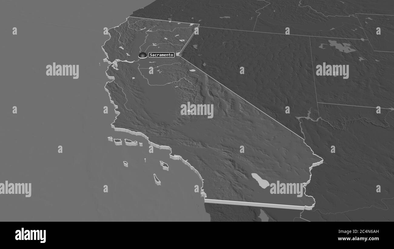 Zoom in on California (state of United States) extruded. Oblique ...