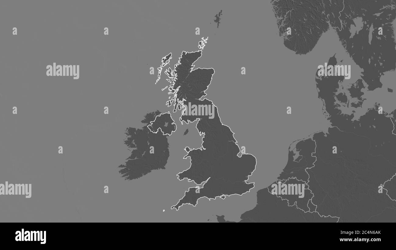 Outlined shape of the United Kingdom area. Bilevel elevation map with ...