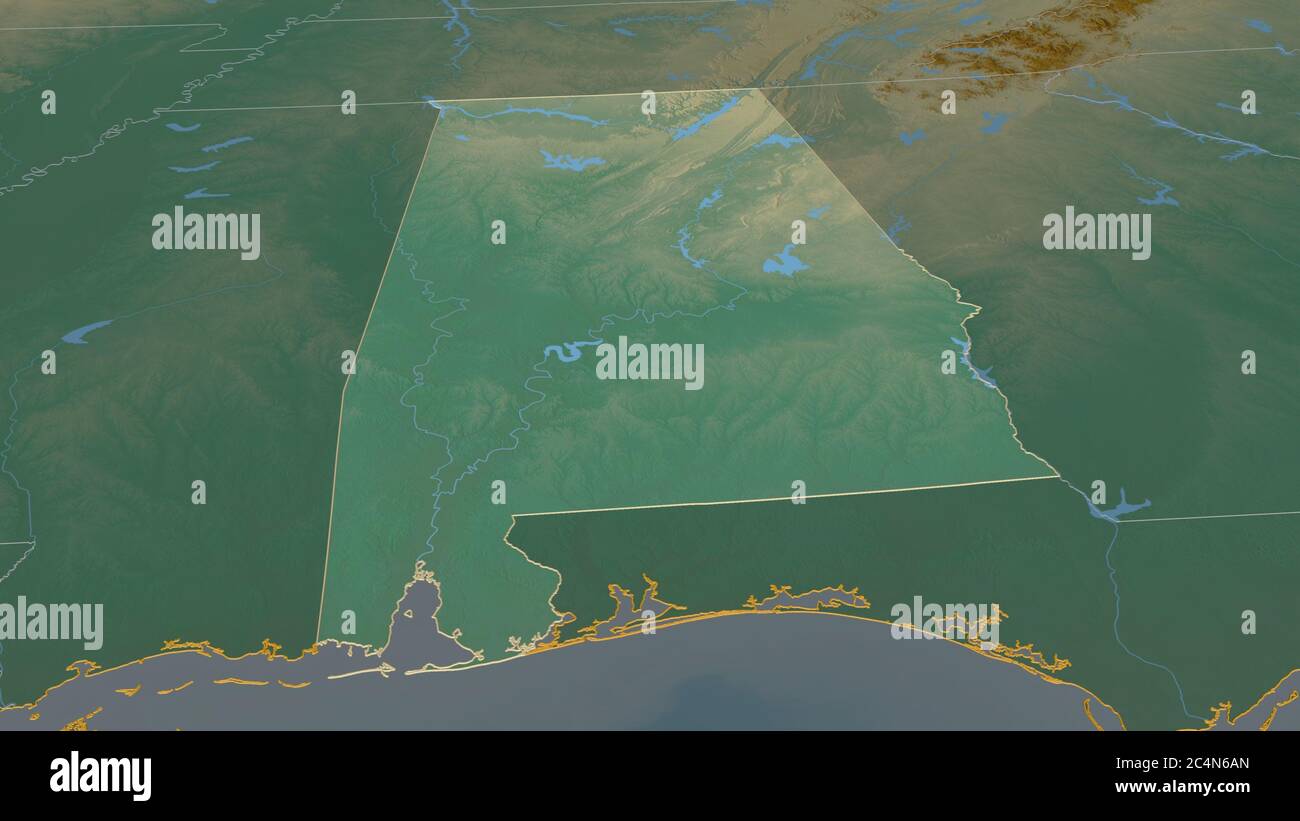 Zoom in on Alabama (state of United States) outlined. Oblique ...