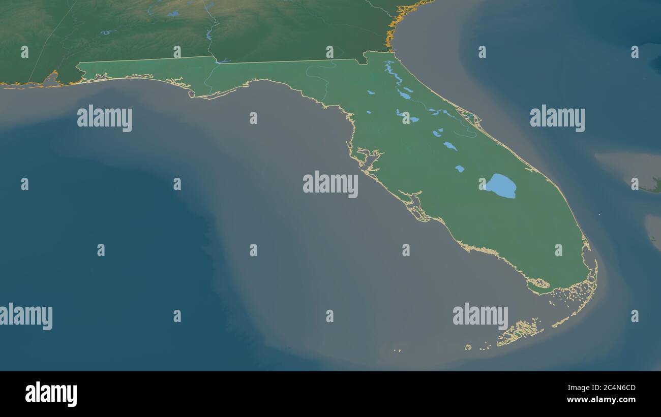 Zoom in on Florida (state of United States) outlined. Oblique ...
