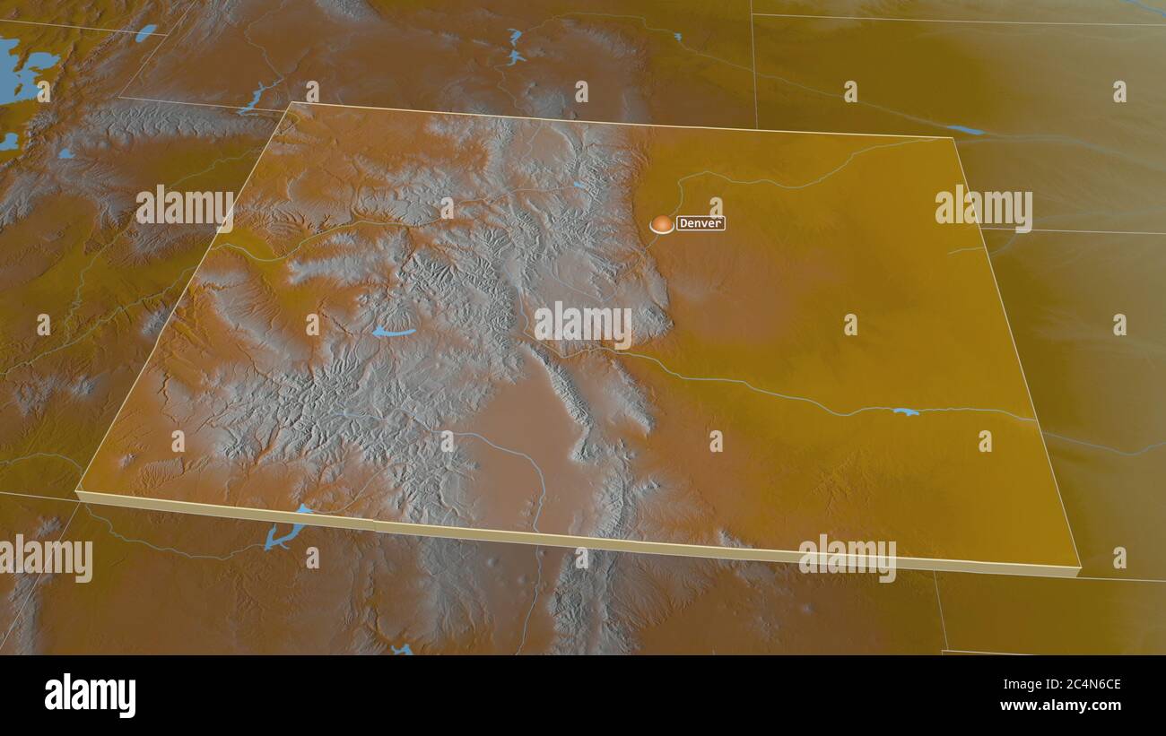 Zoom in on Colorado (state of United States) extruded. Oblique ...
