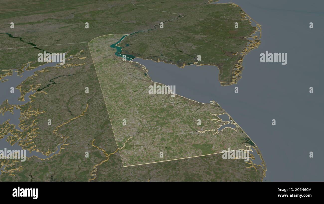 Zoom in on Delaware (state of United States) outlined. Oblique ...
