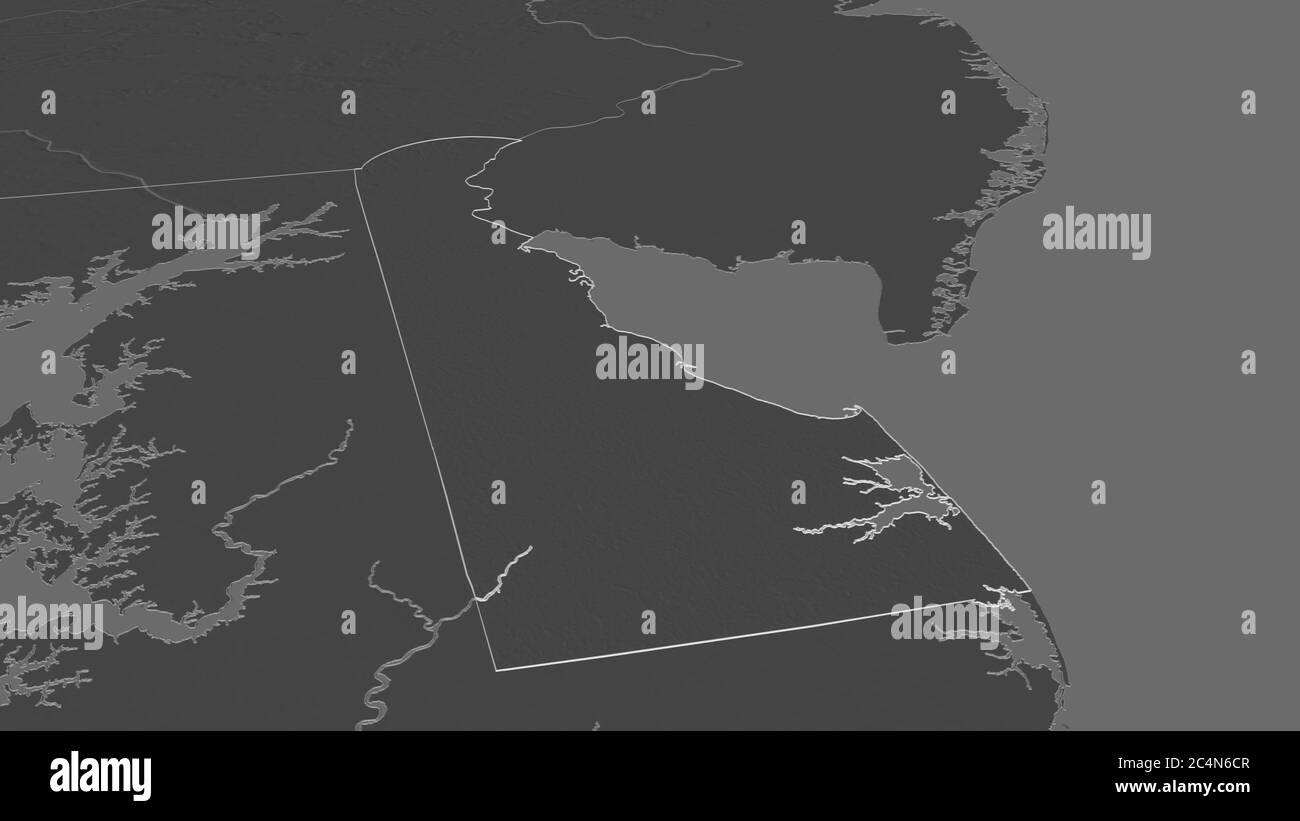 Zoom in on Delaware (state of United States) outlined. Oblique ...