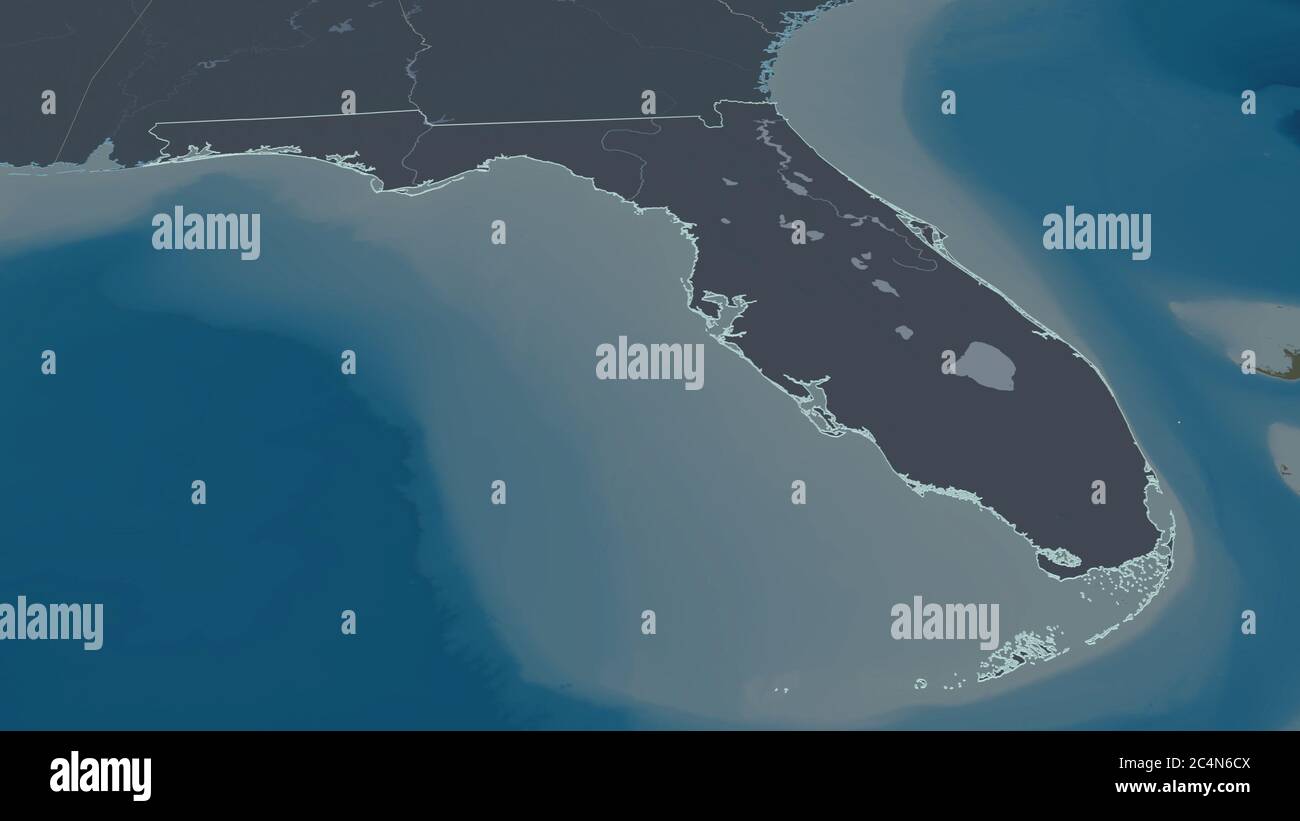 Zoom in on Florida (state of United States) outlined. Oblique ...