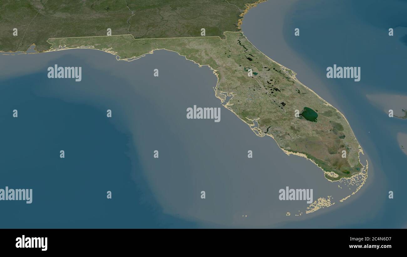 Zoom in on Florida (state of United States) outlined. Oblique ...