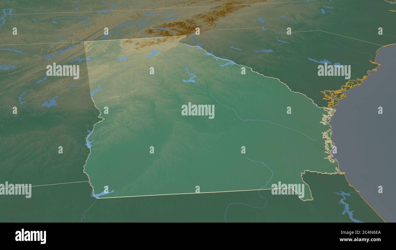 Zoom in on Georgia (state of United States) outlined. Oblique ...