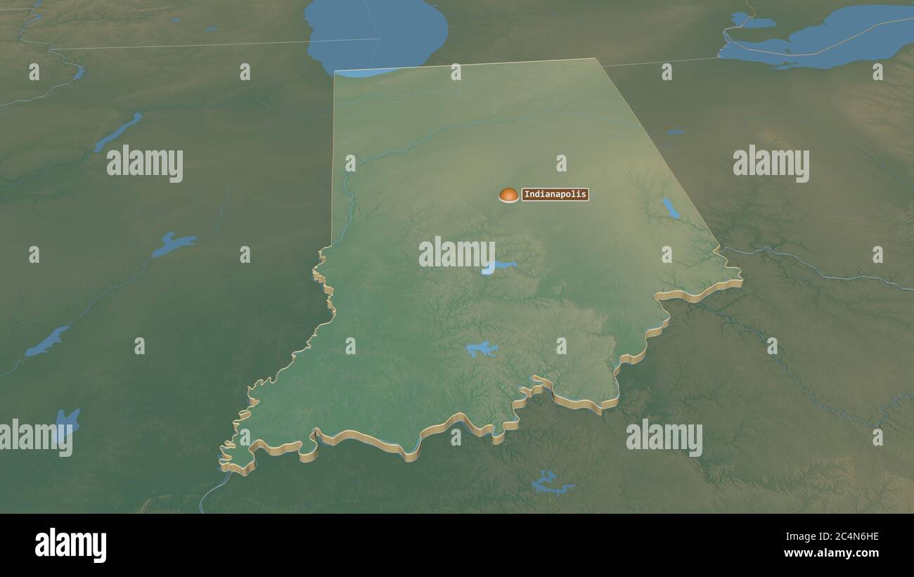 Zoom in on Indiana (state of United States) extruded. Oblique ...