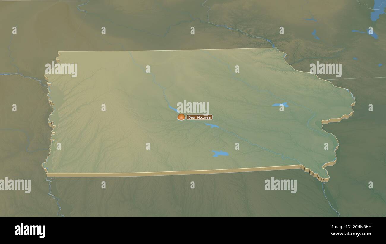 Zoom in on Iowa (state of United States) extruded. Oblique perspective ...