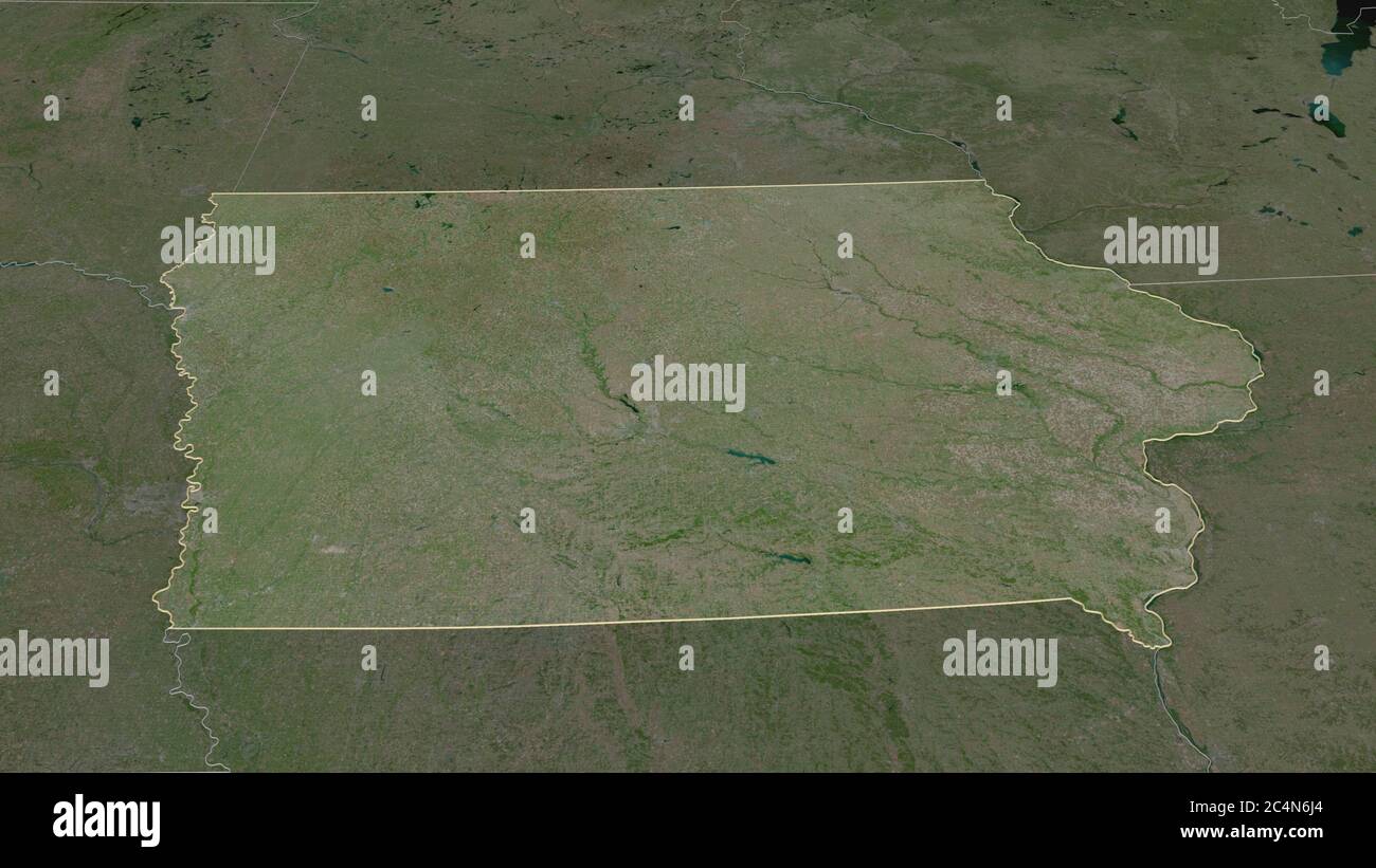 Zoom in on Iowa (state of United States) outlined. Oblique perspective ...