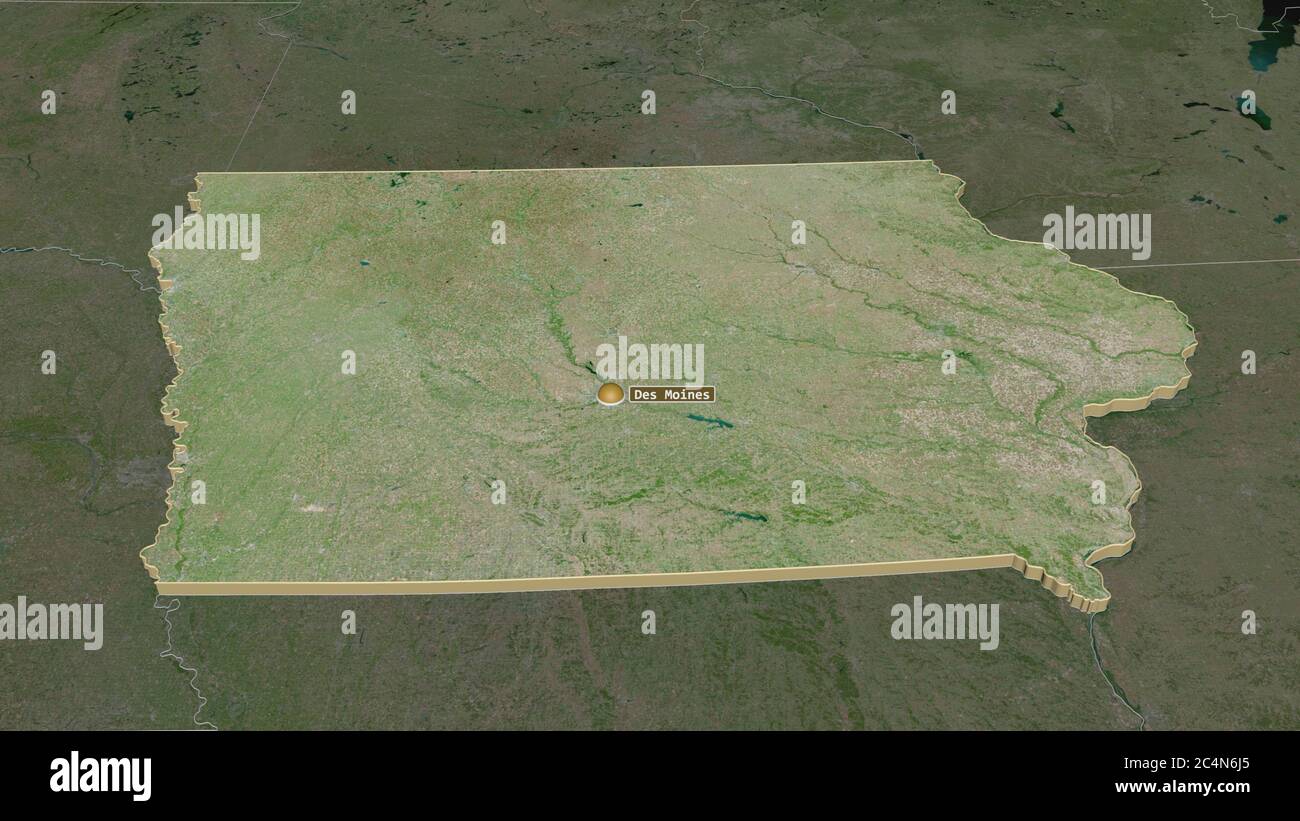 Zoom in on Iowa (state of United States) extruded. Oblique perspective ...