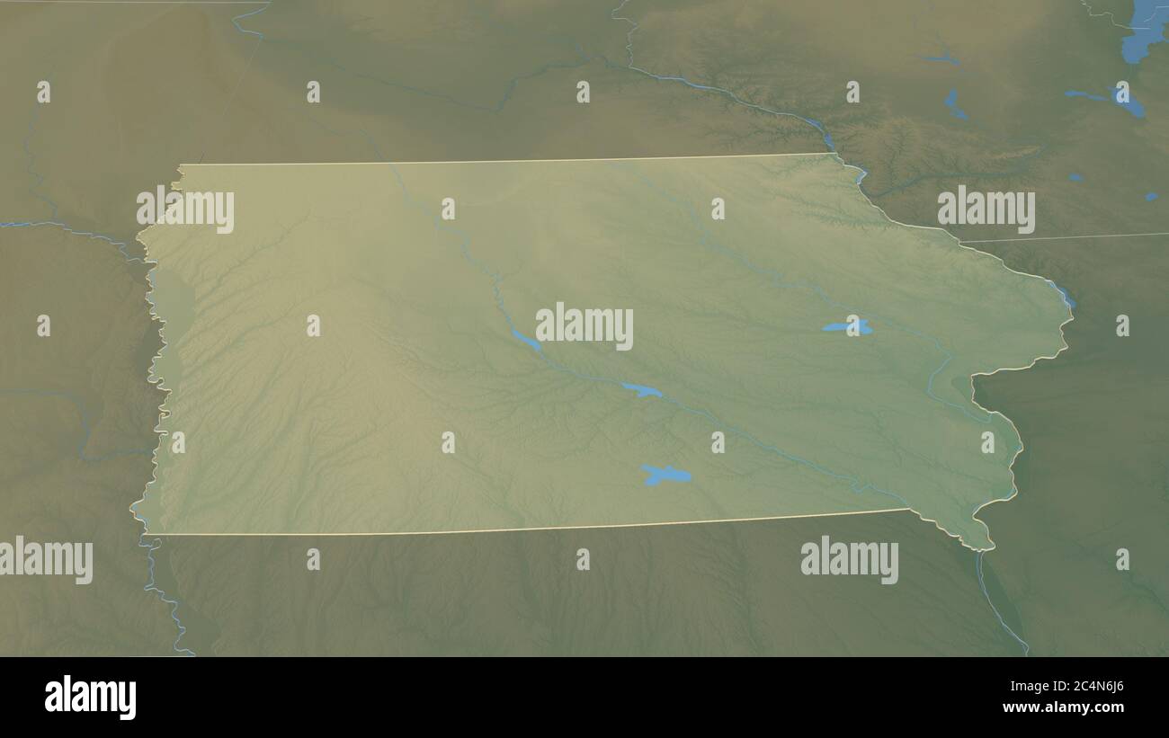 Zoom in on Iowa (state of United States) outlined. Oblique perspective ...