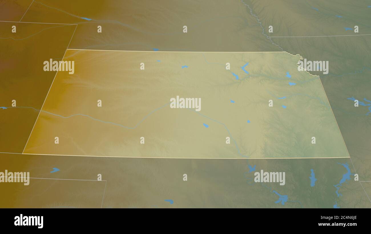 Zoom in on Kansas (state of United States) outlined. Oblique ...