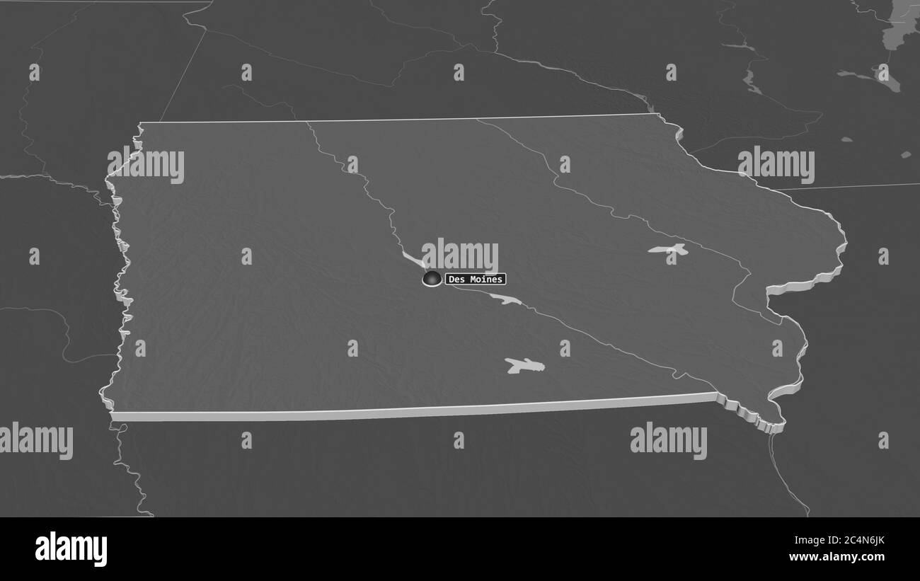 Zoom in on Iowa (state of United States) extruded. Oblique perspective ...