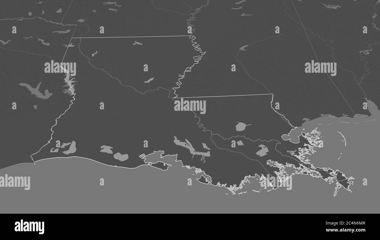 Zoom in on Louisiana (state of United States) outlined. Oblique ...