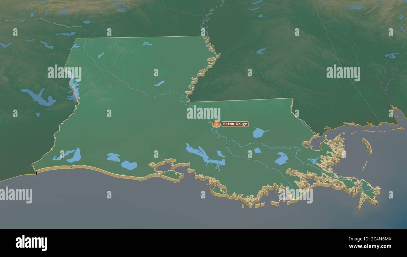 Zoom in on Louisiana (state of United States) extruded. Oblique ...