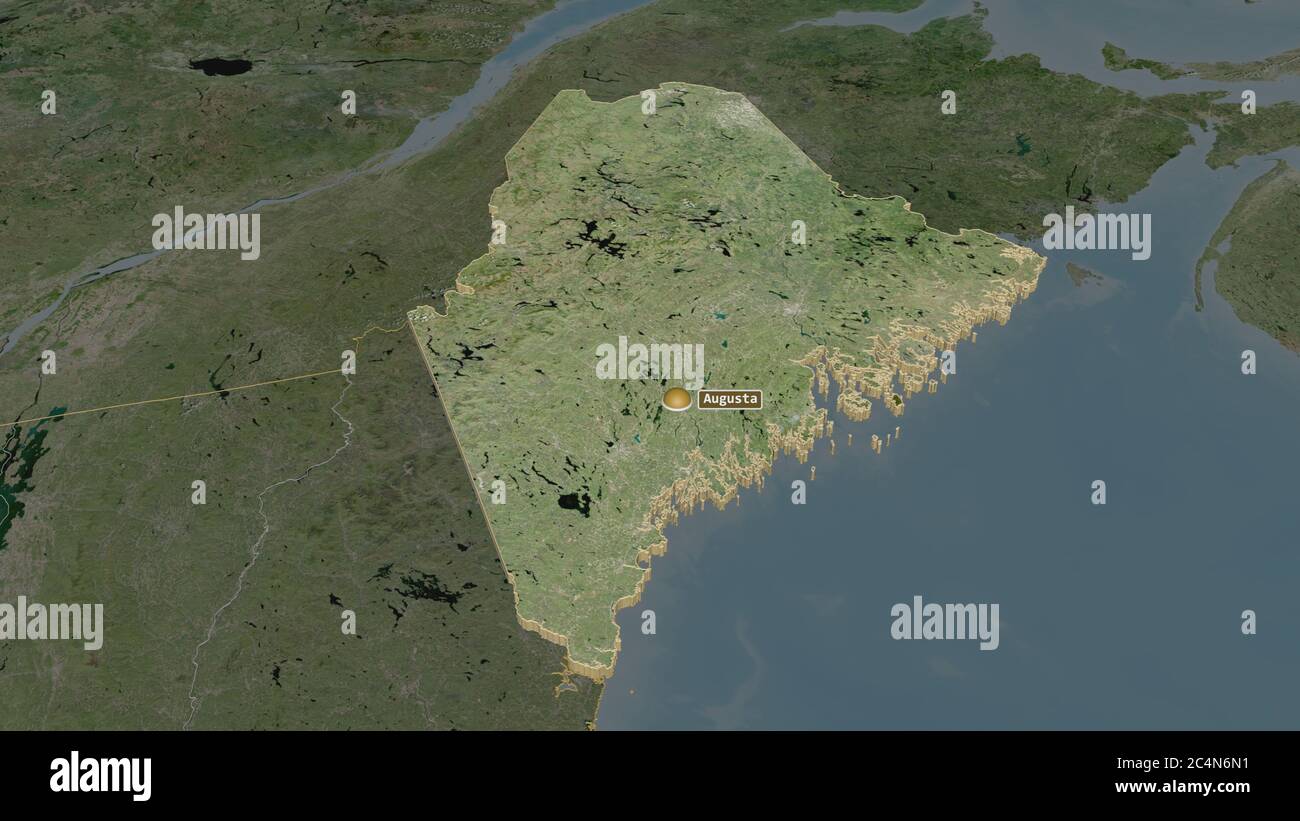 Zoom in on Maine (state of United States) extruded. Oblique perspective ...