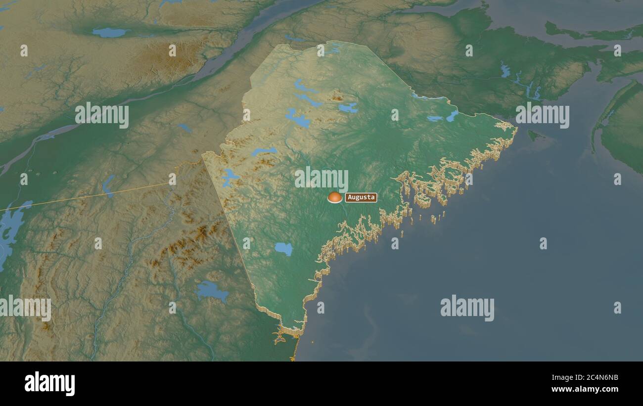 Zoom in on Maine (state of United States) extruded. Oblique perspective ...