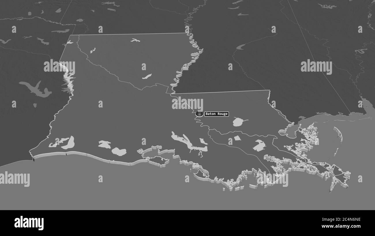 Zoom in on Louisiana (state of United States) extruded. Oblique perspective. Bilevel elevation ...
