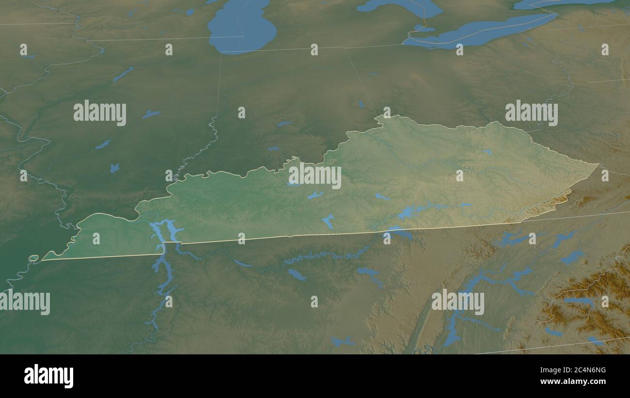 Zoom in on Kentucky (state of United States) outlined. Oblique ...