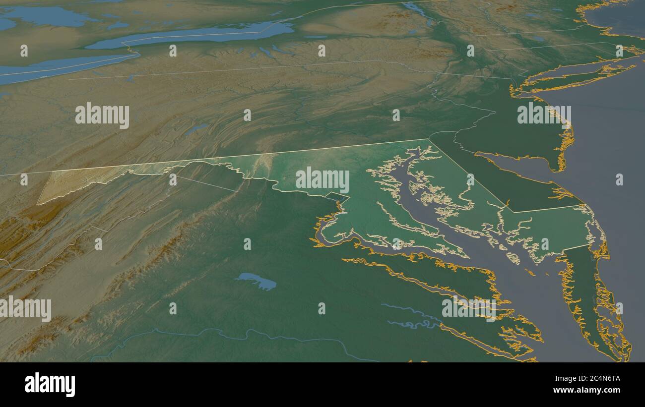 Zoom in on Maryland (state of United States) outlined. Oblique ...